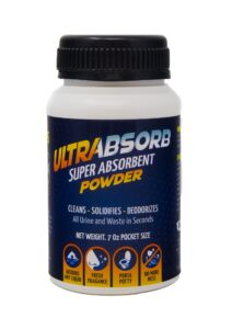 ultrabsorb super absorbent powder: multi-purpose liquid spill solidifies & deodorizer - urine, vomit, absorb - odor remover + oxy cleaning portable toilet porta potty 100% eco bio gel size 7.0 oz