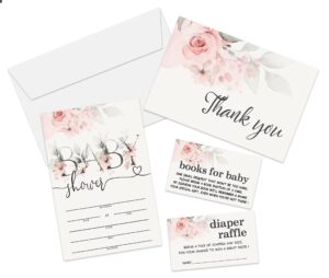 baby shower invitation set, books for baby, thank you, diaper raffle, fill in invites cards, each design 25 cards & envelopes (total 100 cards) – (bb018-taozhuang)