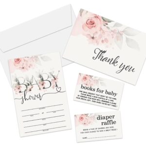 Baby Shower Invitation Set, Books For Baby, Thank You, Diaper Raffle, Fill In Invites Cards, Each Design 25 Cards & Envelopes (Total 100 Cards) – (bb018-taozhuang)