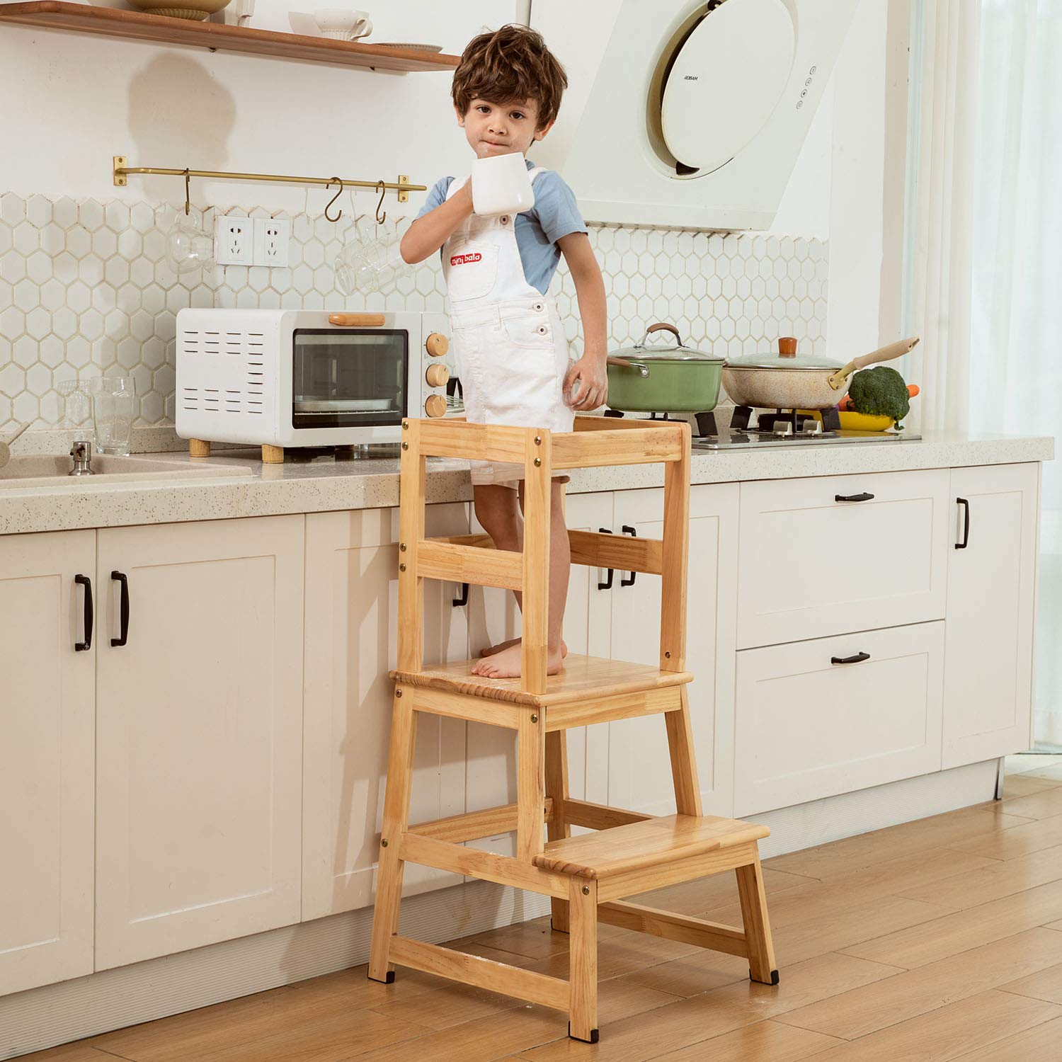 DuDuEase Kitchen Step Stool for Kids and Toddlers with Safety Rail Children Standing Tower for Kitchen Counter, Parents' Helper Kids Learning Stool, Solid Wood Construction