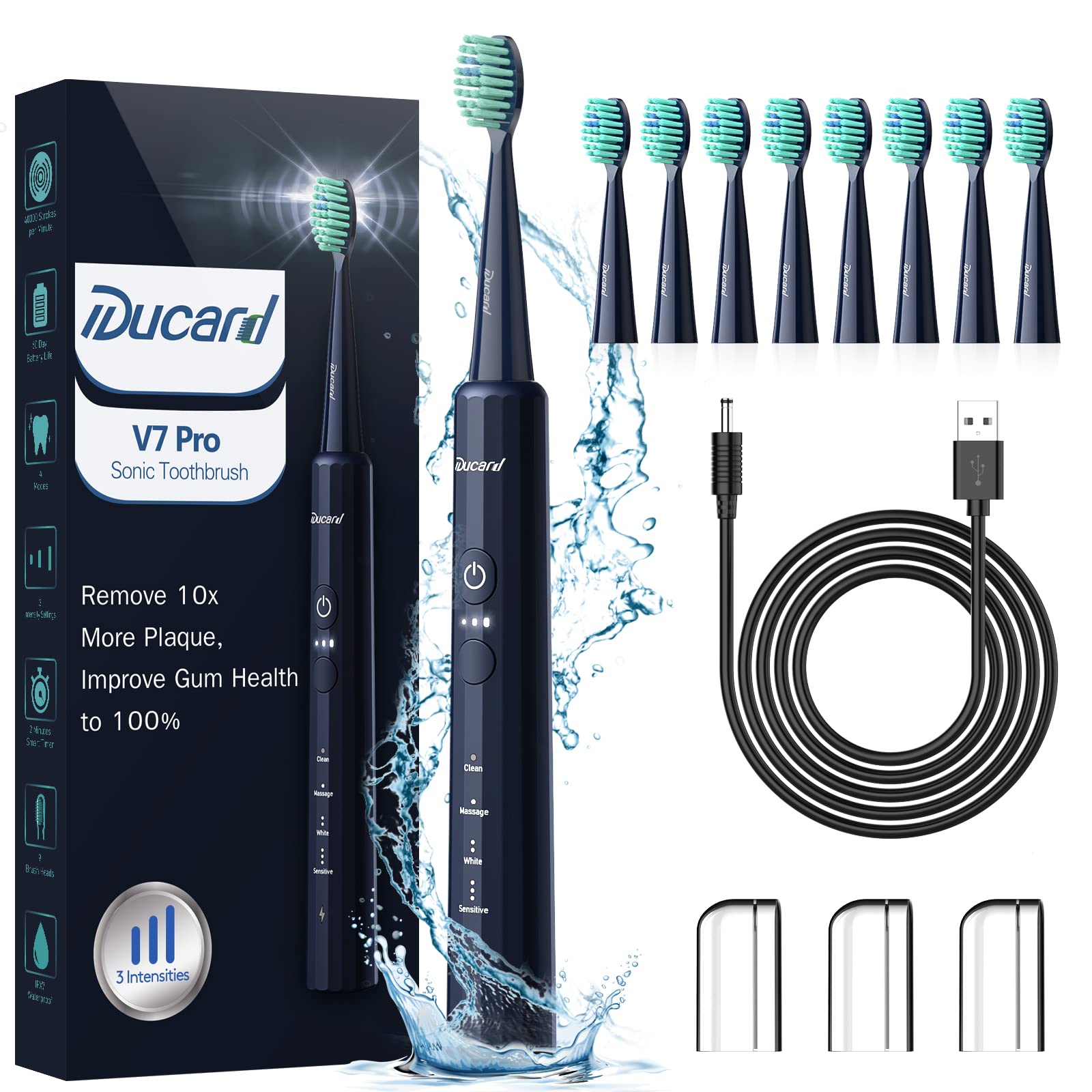 Ducard V7 Pro Electric Toothbrush for Adults- Rechargeable Toothbrush 12 Modes & 9 Brush Heads - 3 Hr Charge Last 60 Days Ultra Sonic Toothbrush for Adults (Navy Blue), (DY-152)