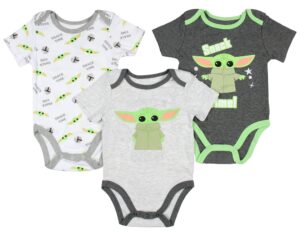 star wars infant baby the mandalorian snack time grogu baby yoda one piece romper 3 pack (0-3 months) grey