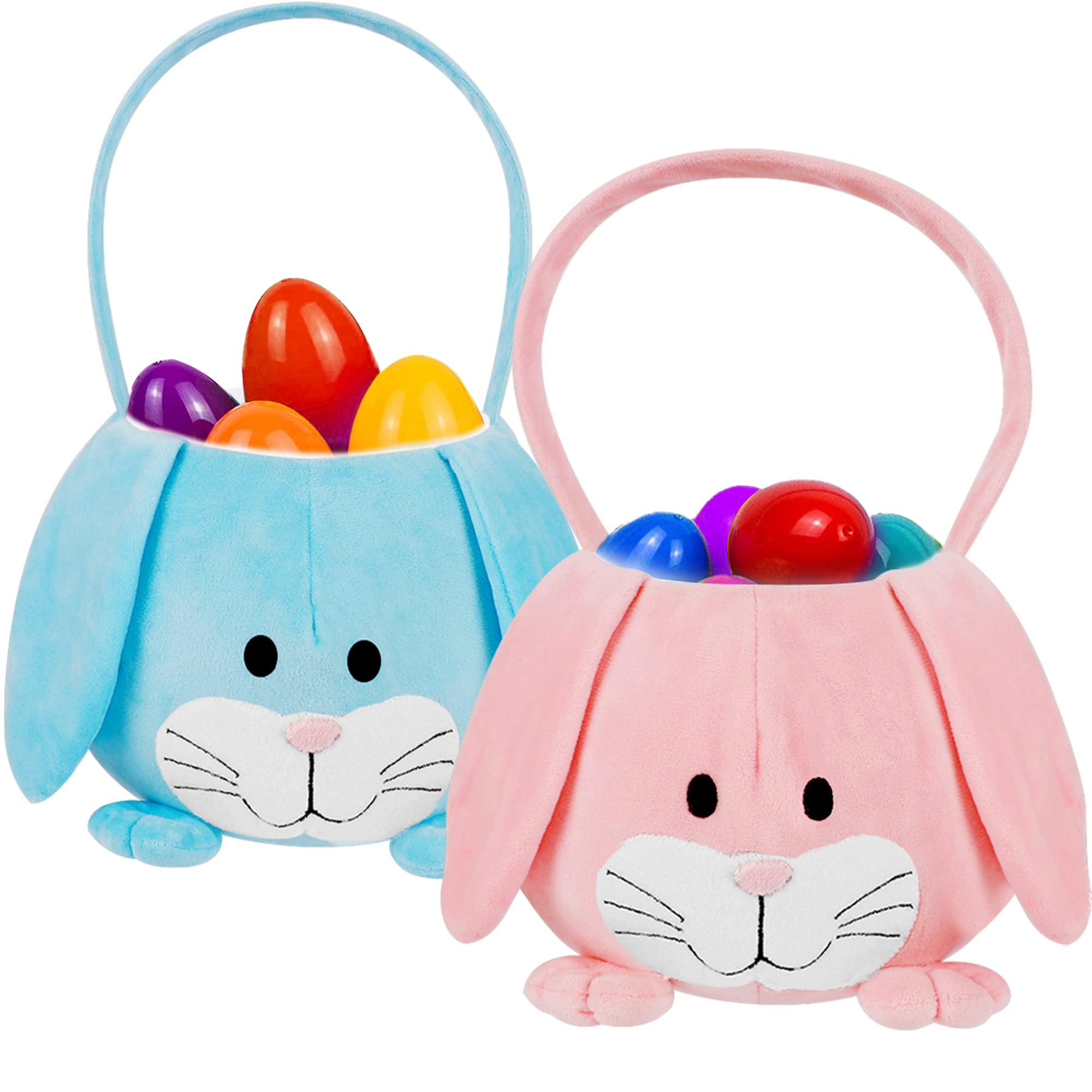 DR.DUDU 2 Packs Easter Bunny Plush Basket Set for Easter Eggs, Personalized Easter Baskets Bags for Kids, Perfect for Classroom Game Party (Pink, Blue)