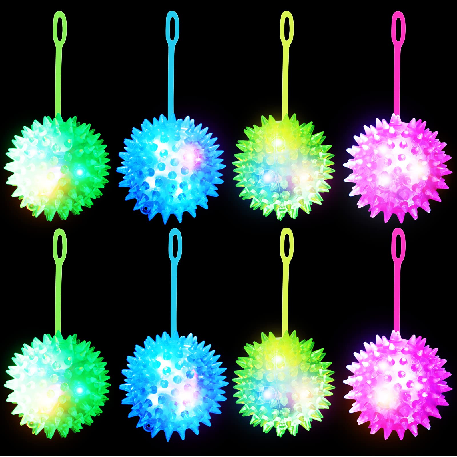 8 Pcs LED Light up Spike Rubber Ball Flashing Light up Bouncy Balls Toy Light up Ball Elastic Light up Sensory Balls Teens Party Favor Sets Soft Colorful Cool Bouncy Stress Ball Fidget Ball Toys