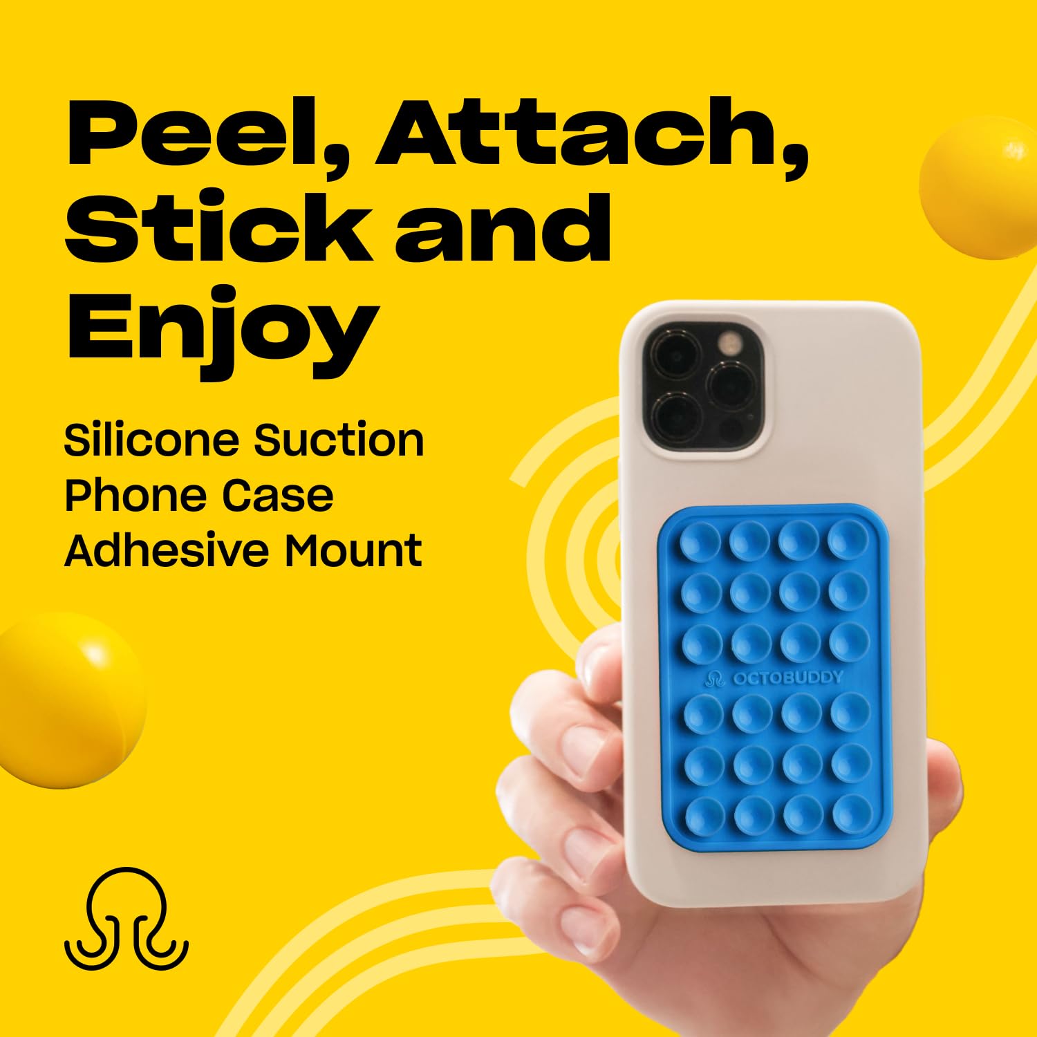 OCTOBUDDY - Silicone Suction Phone Case Adhesive Mount - Hands-Free, Strong Grip Holder for Selfies & Videos - Durable, Easy to Use - iPhone & Android Compatible - 2.25″ x 3.25″, Blue Ashes