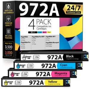 smart ink compatible ink cartridge replacement for hp 972a 972 (4 pack combo) to use with pagewide pro 477dw 577dw 452dw 477dn 452dn 577z 552dw 377dw p55250dw printers (black & cyan magenta yellow)