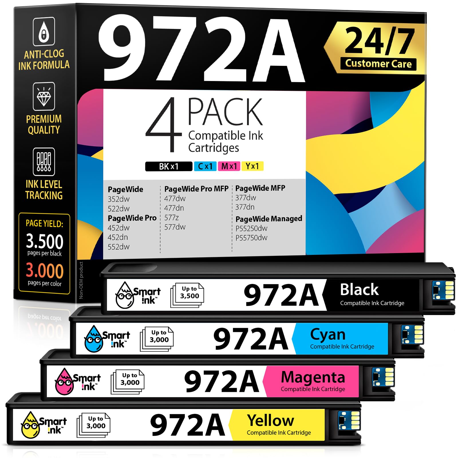 Smart Ink Compatible Ink Cartridge Replacement for HP 972A 972 (4 Pack Combo) to use with PageWide Pro 477dw 577dw 452dw 477dn 452dn 577z 552dw 377dw P55250dw Printers (Black & Cyan Magenta Yellow)