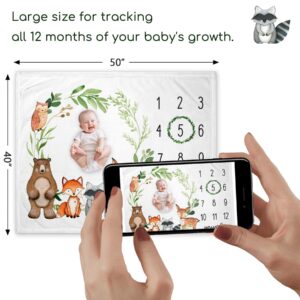 Yuzioey Baby Monthly Milestone Blanket Woodland, Forest Animals Baby Photo Blanket, Gift for New Moms Baby Shower, Watch Me Grow Baby Boy Greenery Woodland Nursery Décor, Includes Marker (50"x40")