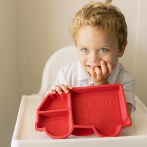 Our Little Cubs Firetruck Toddler Silicone Suction Plates - 3 Divided Sections, Microwave & Dishwasher Safe