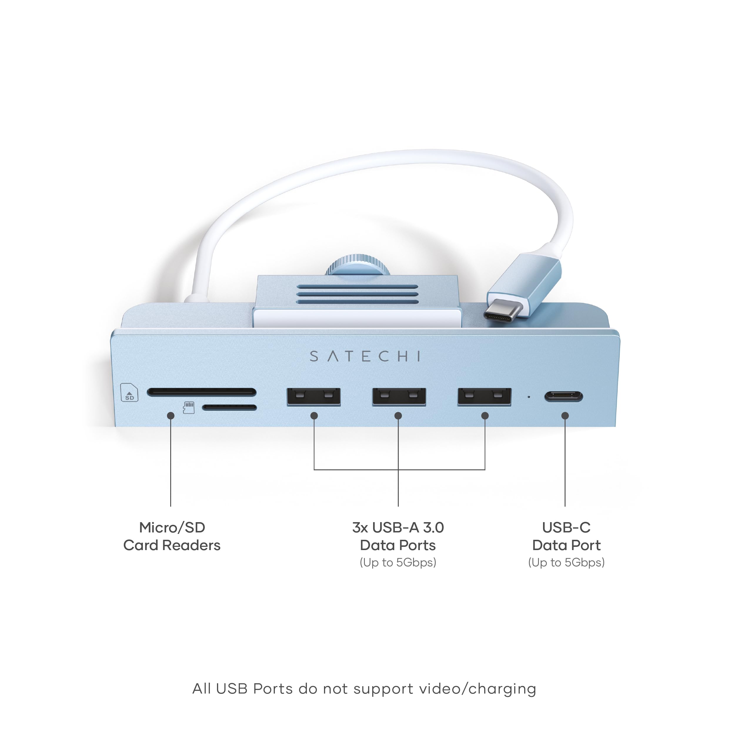 Satechi Clamp Hub USB-C – USB-C Data Port, USB-A 3.0 Data Ports, Micro/SD Card Reader – for Apple Studio Display and 24-inch iMac M1 2021. Not Compatible with 2020 and Earlier iMac Models (Blue)