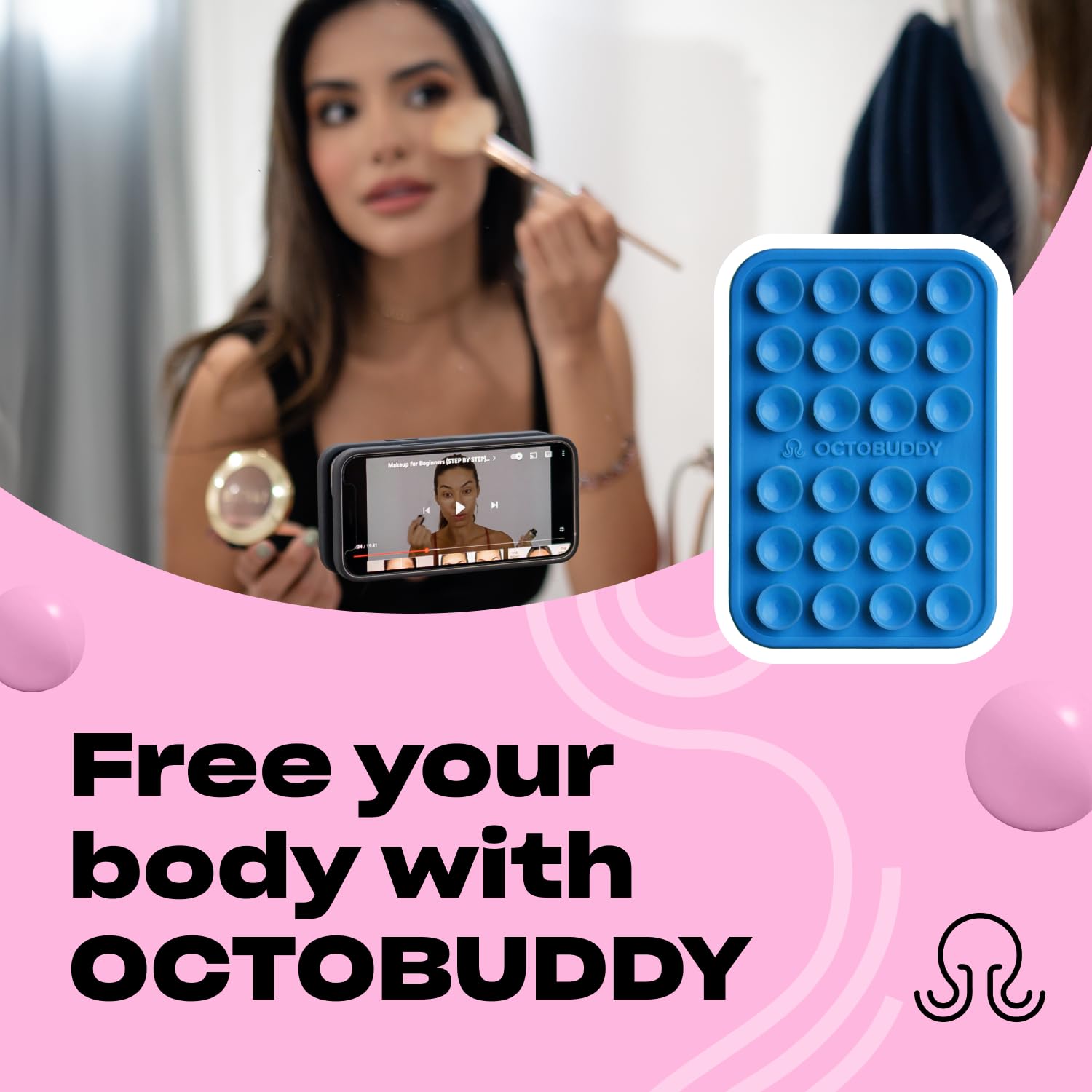 OCTOBUDDY - Silicone Suction Phone Case Adhesive Mount - Hands-Free, Strong Grip Holder for Selfies & Videos - Durable, Easy to Use - iPhone & Android Compatible - 2.25″ x 3.25″, Blue Ashes