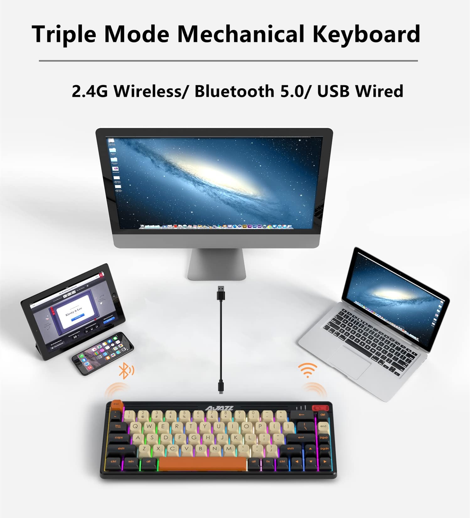 FIRSTBLOOD ONLY GAME. K690T Hot-Swappable 60% 2.4G Wireless/Bluetooth 5.0/USB Wired Triple Mode Mechanical Keyboard, 69 Keys Compact Gaming Keyboard, PBT Keycaps RGB Backlit, Brown Switch