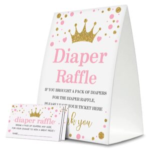 yuansail diaper raffle tickets for baby shower, crown pink themed cards,party favors for baby showers game cards, 1 sign & 50 cards per pack – (019-niaobu)