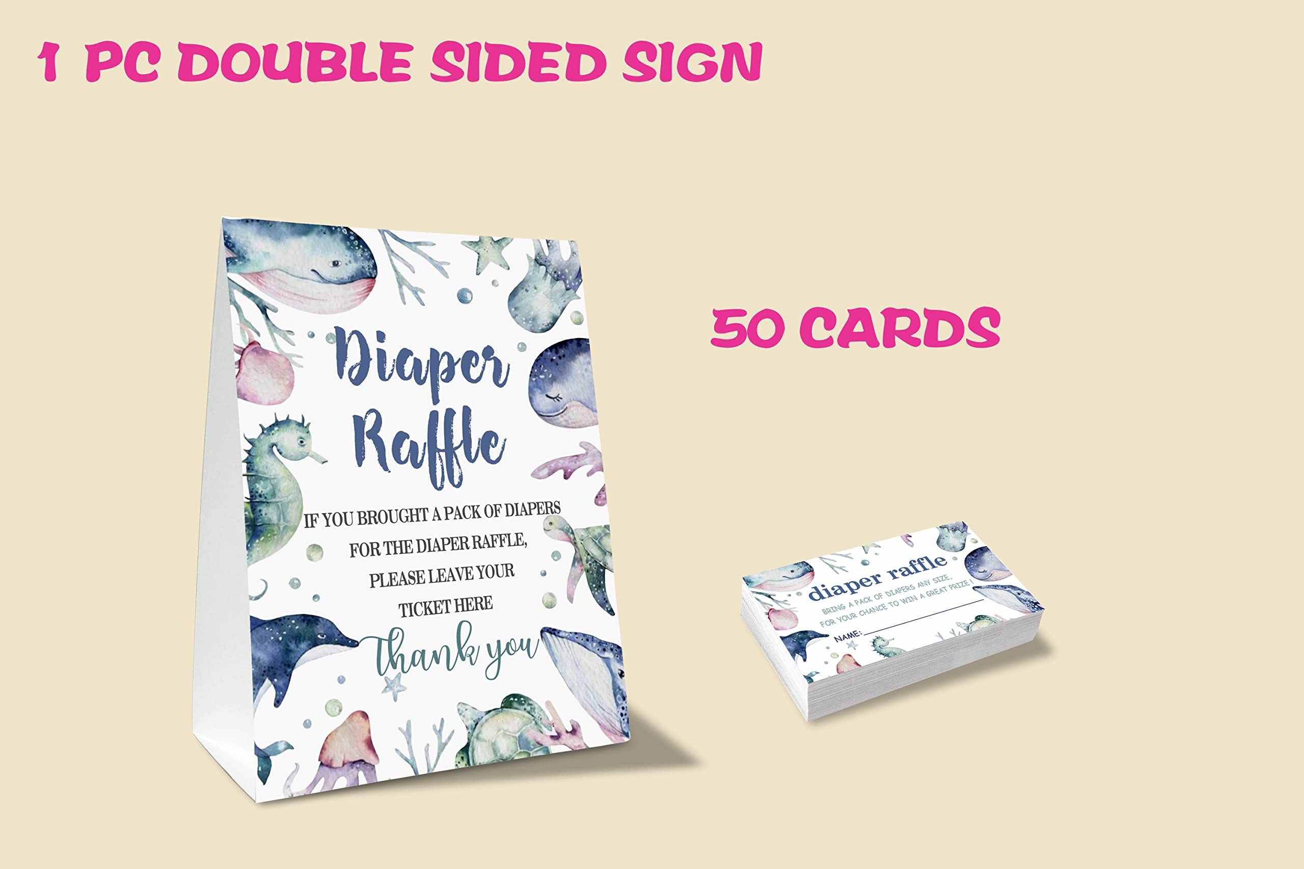 Diaper Raffle Tickets For Baby Shower, Ocean Animals, Marine Life Themed Cards,Party Favors For Baby Showers Game Cards, 1 Sign & 50 Cards Per Pack – (015-niaobu)