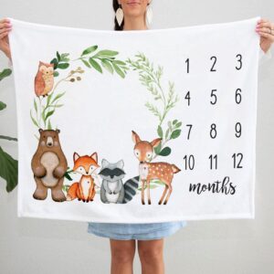 Yuzioey Baby Monthly Milestone Blanket Woodland, Forest Animals Baby Photo Blanket, Gift for New Moms Baby Shower, Watch Me Grow Baby Boy Greenery Woodland Nursery Décor, Includes Marker (50"x40")