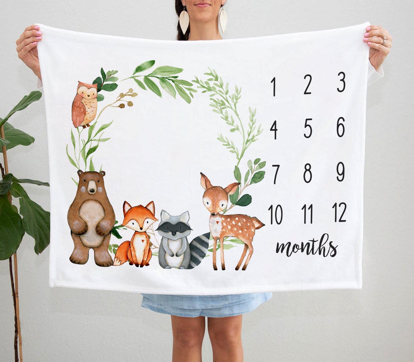 Yuzioey Baby Monthly Milestone Blanket Woodland, Forest Animals Baby Photo Blanket, Gift for New Moms Baby Shower, Watch Me Grow Baby Boy Greenery Woodland Nursery Décor, Includes Marker (50"x40")