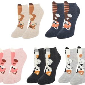 Everything Socks Animal Socks for Women men girls teens and kids- 5 Pack Includes Calico Cat, Fox, Red Panda, and Chipmunk Design- Fun ankle socks for Children & Adults