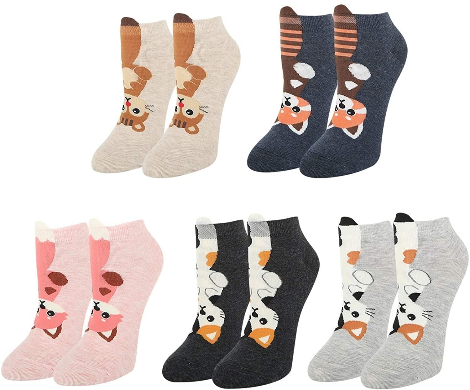 Everything Socks Animal Socks for Women men girls teens and kids- 5 Pack Includes Calico Cat, Fox, Red Panda, and Chipmunk Design- Fun ankle socks for Children & Adults