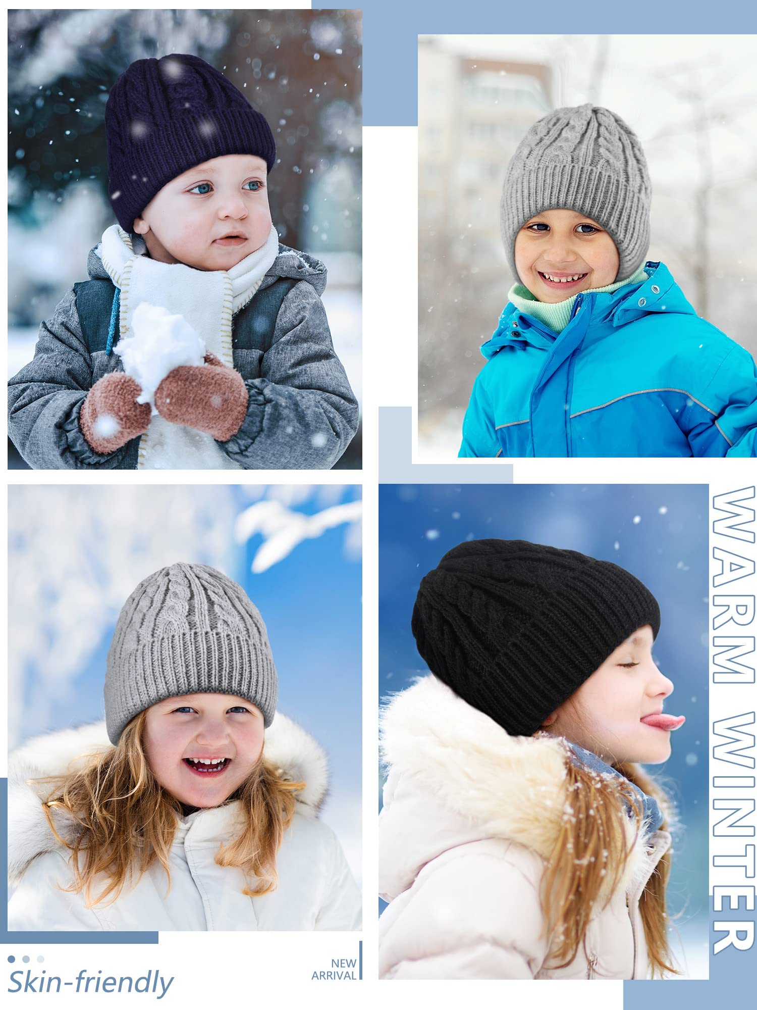 3 Pieces Kids Satin Lined Knit Beanies Winter Hat Child Warm Ski Skull Caps for Girls Boys Baby Toddlers 3-12 Years (Black, Navy Blue, Light Gray,Simple Style)