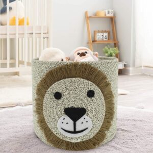 W Design Kid’s Basket with Decorative Lion, 8” x 8”, Soft Woven Rope Cotton, Cute Bedroom and Nursery Decor for Boys and Girls, Stores Toys or Clothes