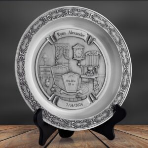 Let's Make Memories Personalized Pewter Baby Plate - Welcome Newborn - Celebrate New Baby - Nursery Decor - Customize Name, Weight, Length, Birthdate, Time of Birth - 9" Dia