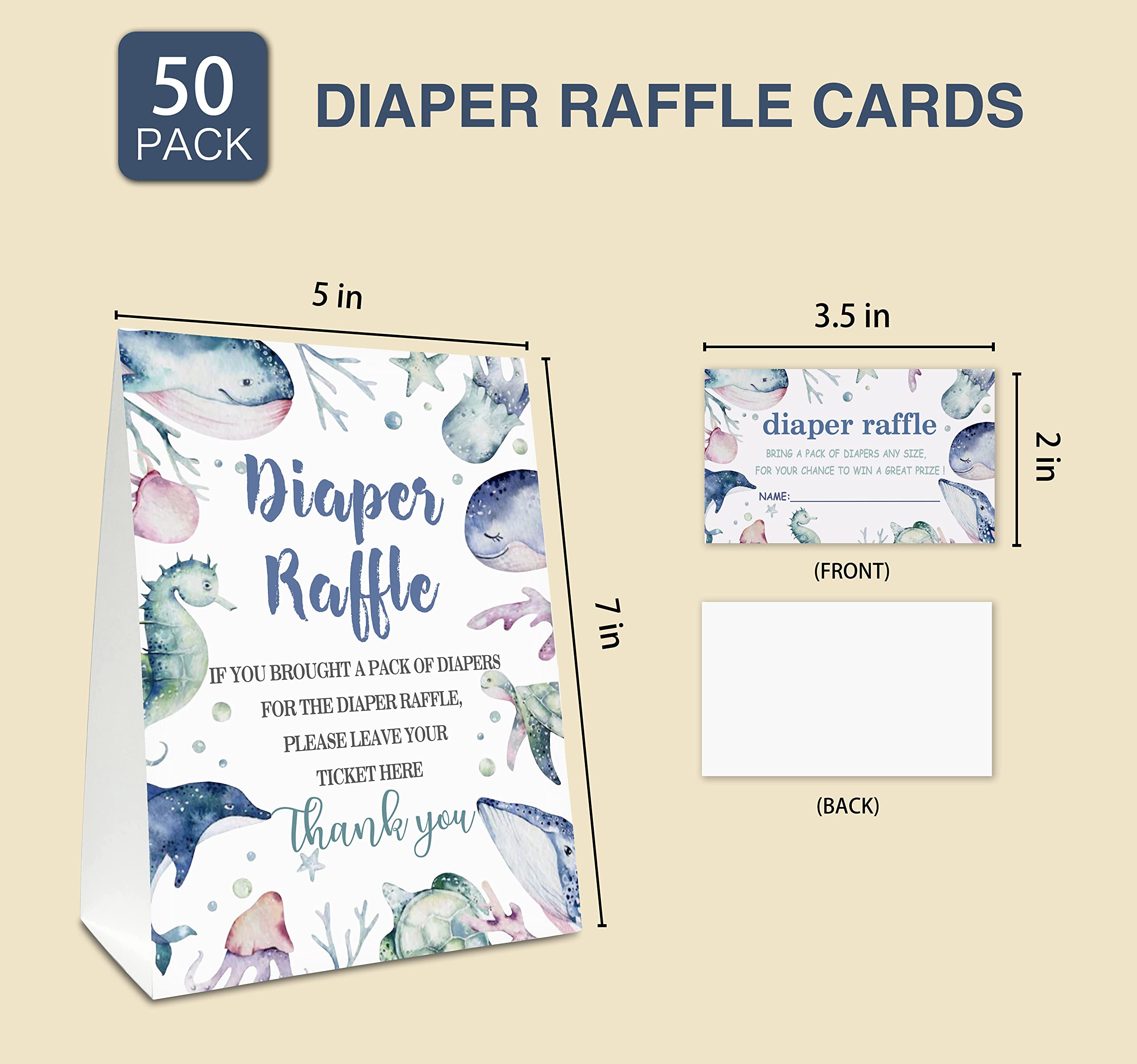 Diaper Raffle Tickets For Baby Shower, Ocean Animals, Marine Life Themed Cards,Party Favors For Baby Showers Game Cards, 1 Sign & 50 Cards Per Pack – (015-niaobu)