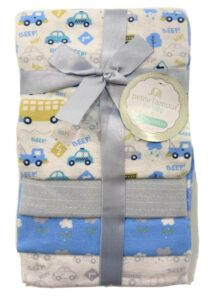 petite l'amour - 4 pack flannel receiving blankets - boys - cars trucks beep, blue, 28 x 28 inch