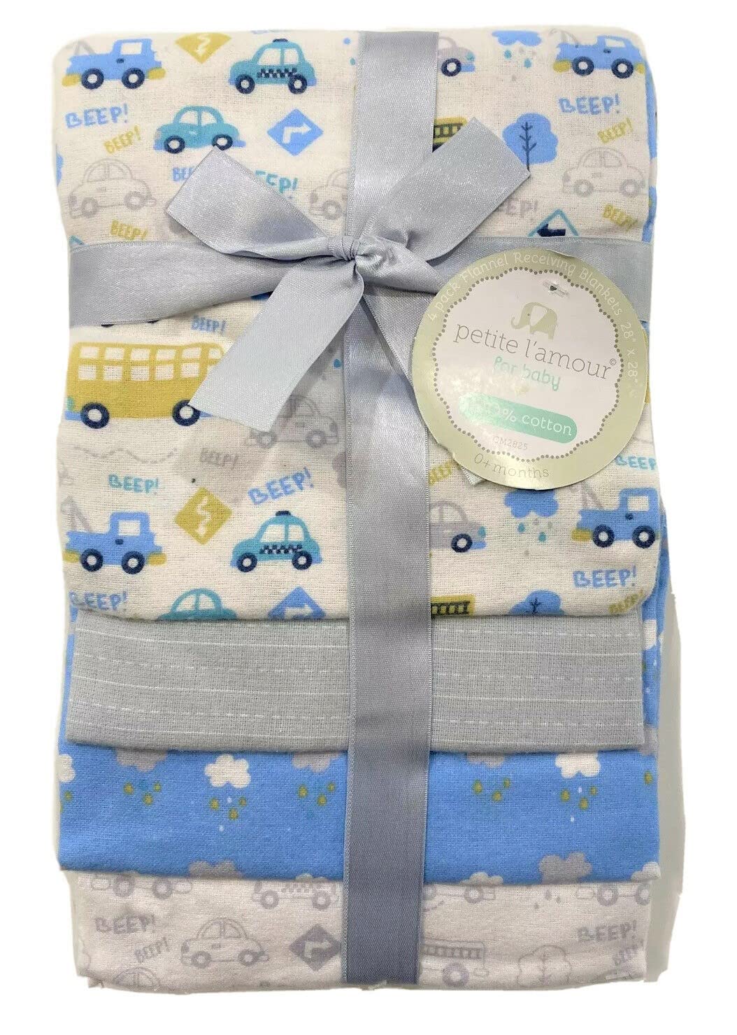 Petite L'amour - 4 Pack Flannel Receiving Blankets - Boys - Cars Trucks Beep, Blue, 28 x 28 inch