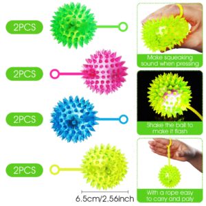 8 Pcs LED Light up Spike Rubber Ball Flashing Light up Bouncy Balls Toy Light up Ball Elastic Light up Sensory Balls Teens Party Favor Sets Soft Colorful Cool Bouncy Stress Ball Fidget Ball Toys