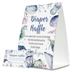 diaper raffle tickets for baby shower, ocean animals, marine life themed cards,party favors for baby showers game cards, 1 sign & 50 cards per pack – (015-niaobu)