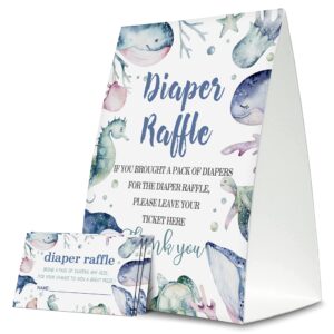 Diaper Raffle Tickets For Baby Shower, Ocean Animals, Marine Life Themed Cards,Party Favors For Baby Showers Game Cards, 1 Sign & 50 Cards Per Pack – (015-niaobu)