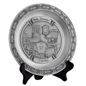 let's make memories personalized pewter baby plate - welcome newborn - celebrate new baby - nursery decor - customize name, weight, length, birthdate, time of birth - 9" dia