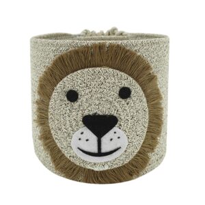 W Design Kid’s Basket with Decorative Lion, 8” x 8”, Soft Woven Rope Cotton, Cute Bedroom and Nursery Decor for Boys and Girls, Stores Toys or Clothes