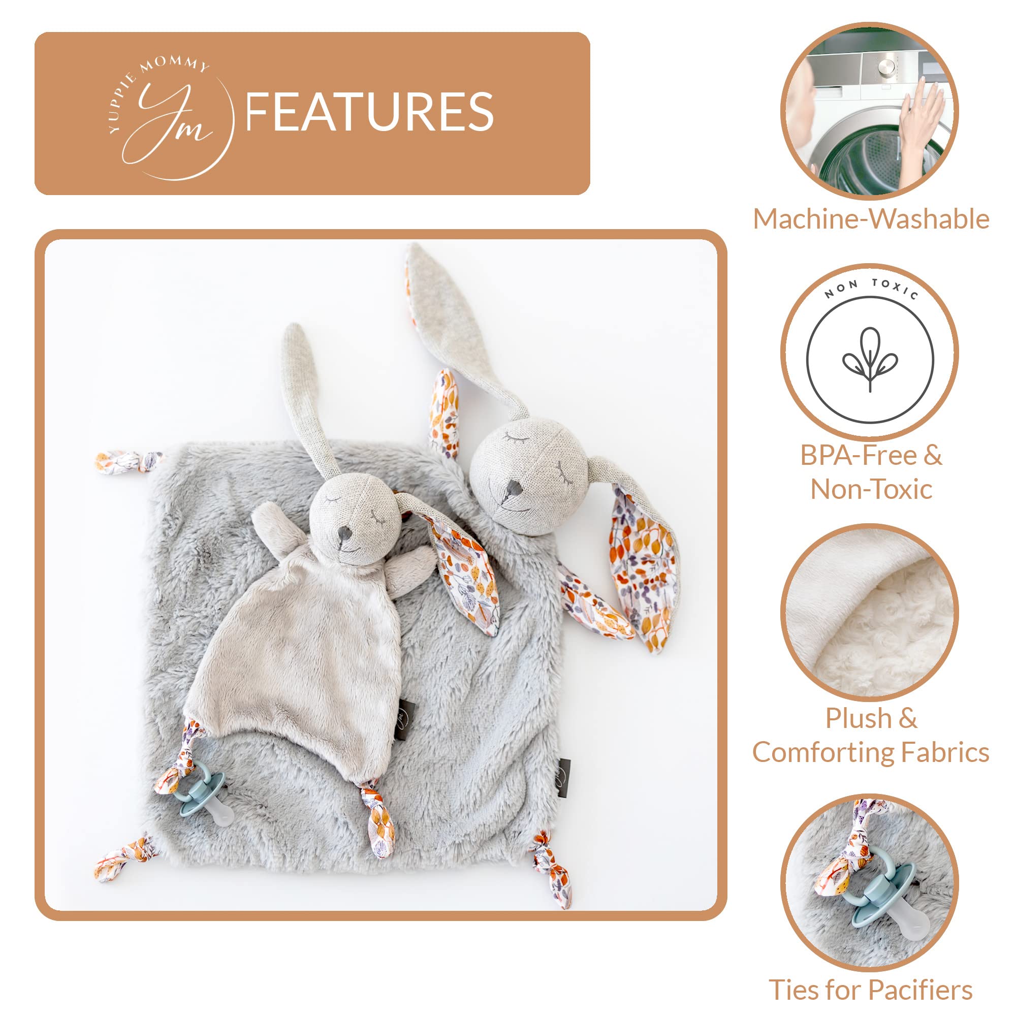 Yuppie Mommy Bonny & Bo Woodlands Bunny Handmade Lovey Security Blanket Gift Set of 2, Baby Boy or Girl — Soft Baby Blankets with Bunny Stuffed Animals with Pacifier Ties Lovies for Newborns or Babies