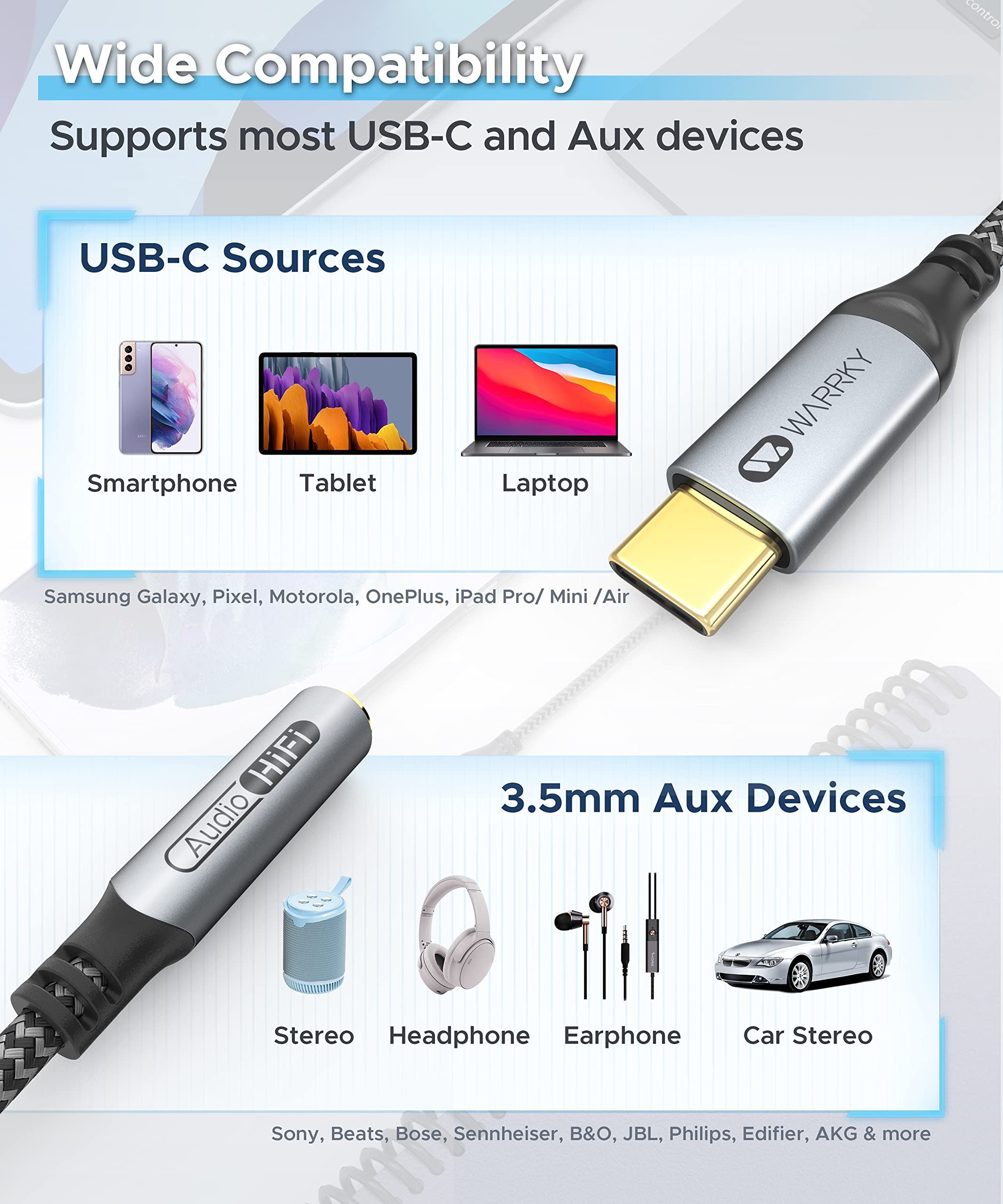 Warrky USB C to 3.5mm Audio Headphone Adapter【Flawless 24bit Hi-Res Sound Quality】 Type-C to Headphone Jack Compatible with Samsung Galaxy S22/S21/S20 Plus, Pixel 6/5/4, iPad Pro, Motorola, OnePlus