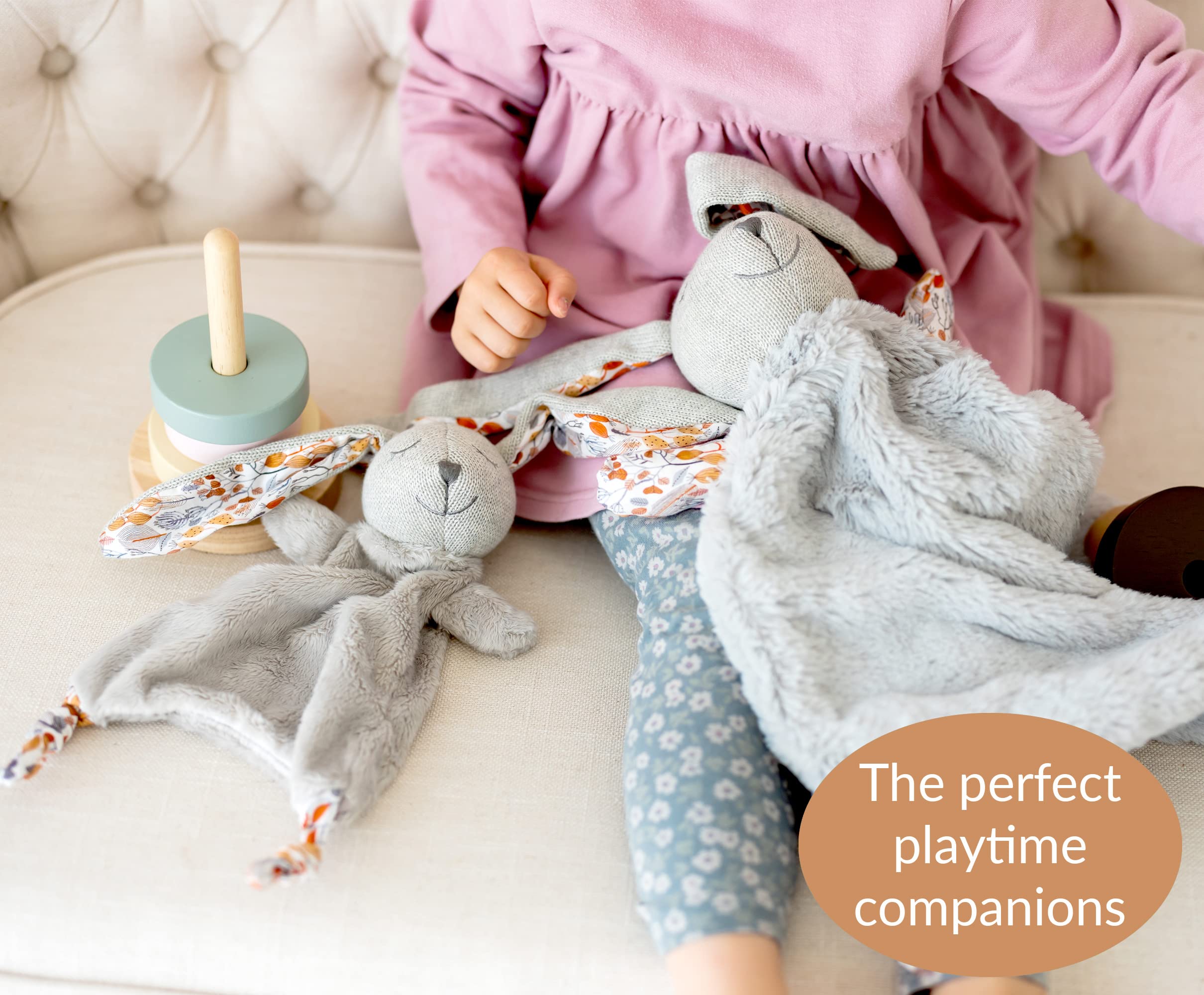 Yuppie Mommy Bonny & Bo Woodlands Bunny Handmade Lovey Security Blanket Gift Set of 2, Baby Boy or Girl — Soft Baby Blankets with Bunny Stuffed Animals with Pacifier Ties Lovies for Newborns or Babies