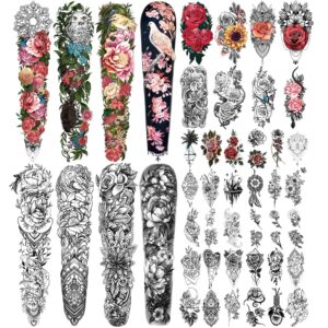 46 sheet full arm temporary tattoo for women with peony bird daisy rose half arm flower chrysanthemum temporary tattoos for girls boys long lasting butterfly fake tattoo for youngs