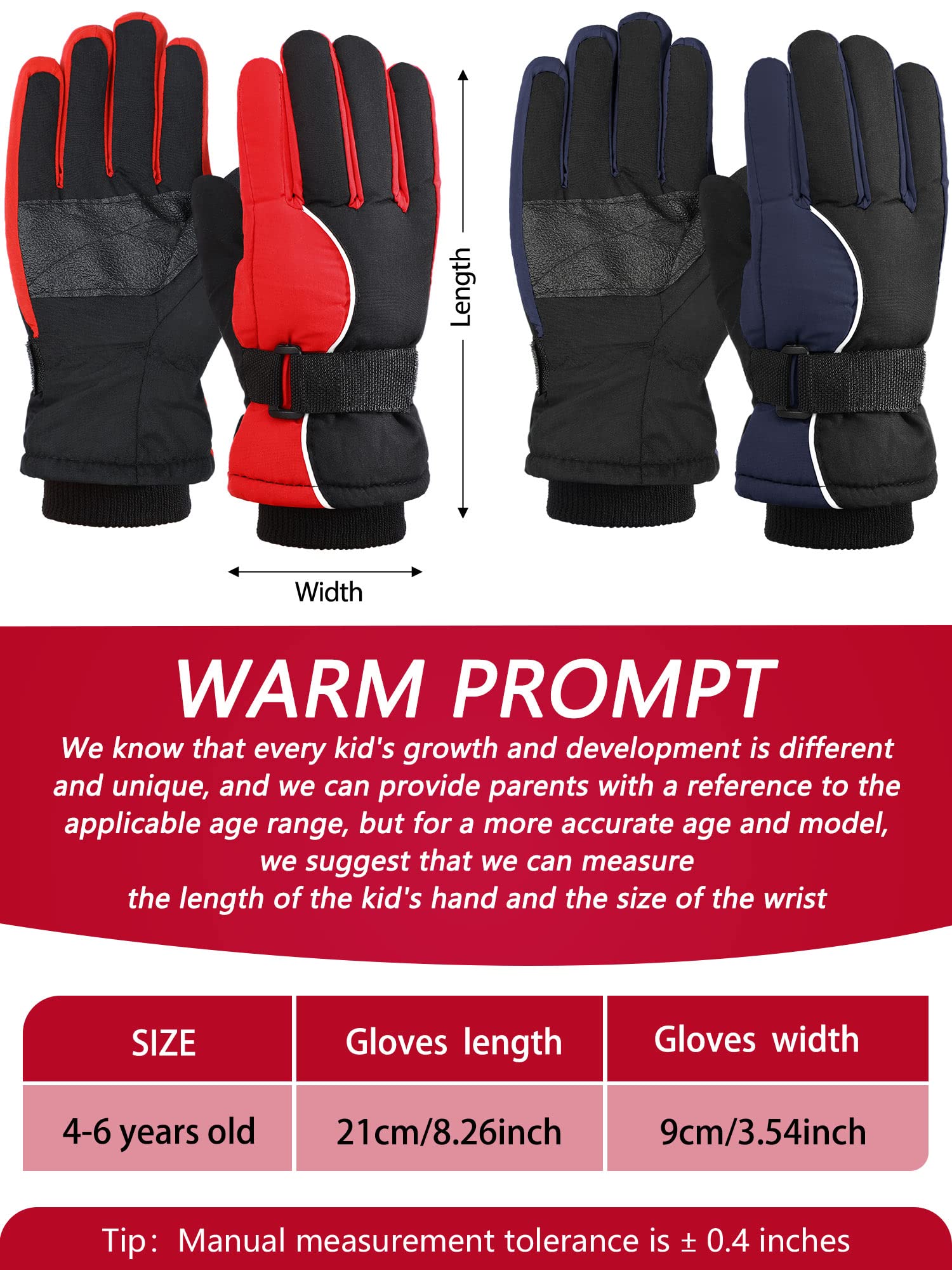 2 Pairs Kids Winter Ski Gloves, Waterproof Windproof Warm Gloves Cold Winter Gloves Unisex Warm Gloves for Boy Girl Skiing (Black, Red,4-6 Years)