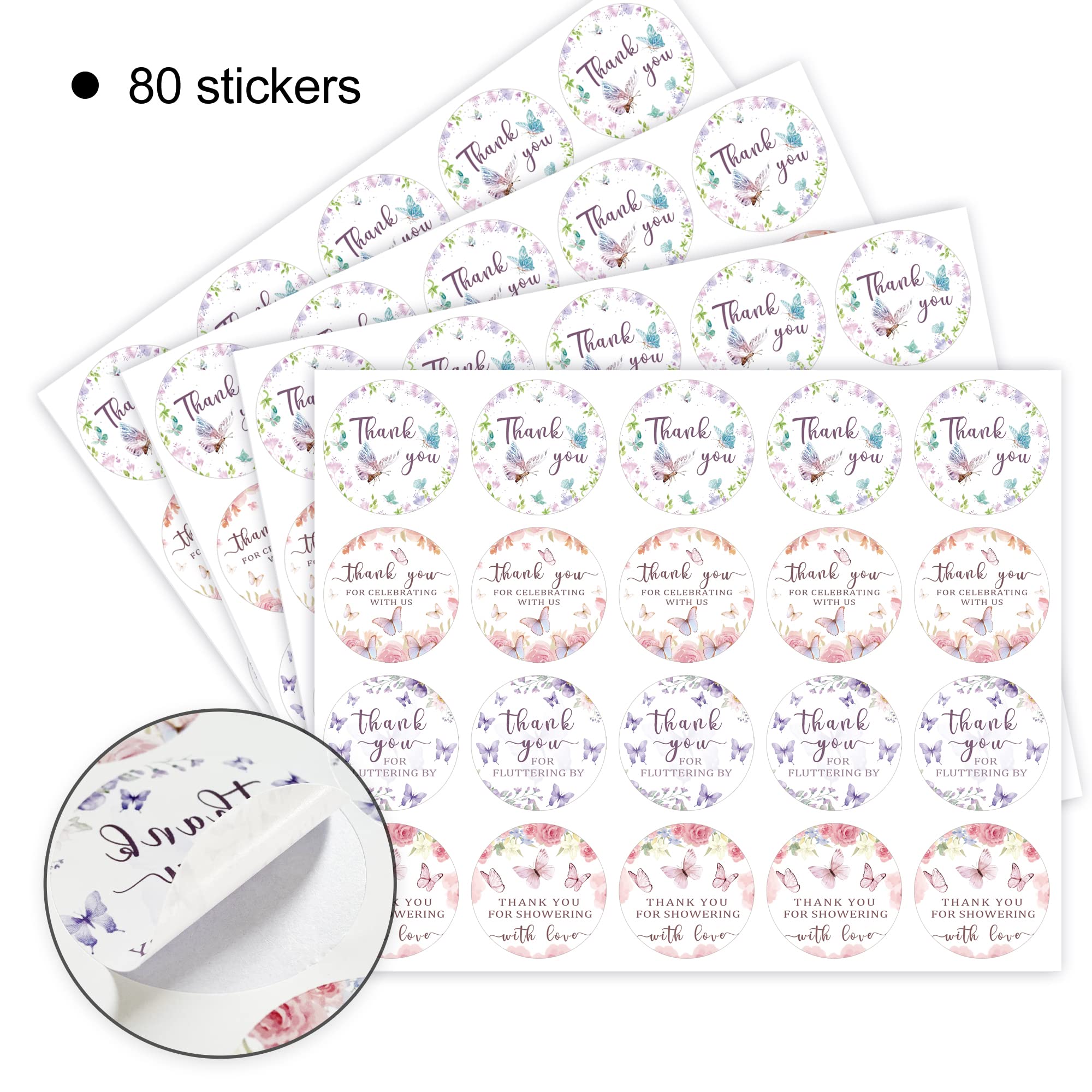 80 Butterfly Thank You Stickers, Thank You for Fluttering by Stickers, Perfect for Girls Baby Shower, Wedding, Bridal Shower, Birthday Party Favors (2 Inch)