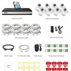 ZOSI 16CH 4K PoE Security Camera System, H.265+ 16 Channel 8MP NVR with 4TB HDD, 8pcs Wired 5MP Outdoor Indoor PoE IP Dome Cameras, Night Vision, Motion Alert, Remote Access, for 24/7 Recording