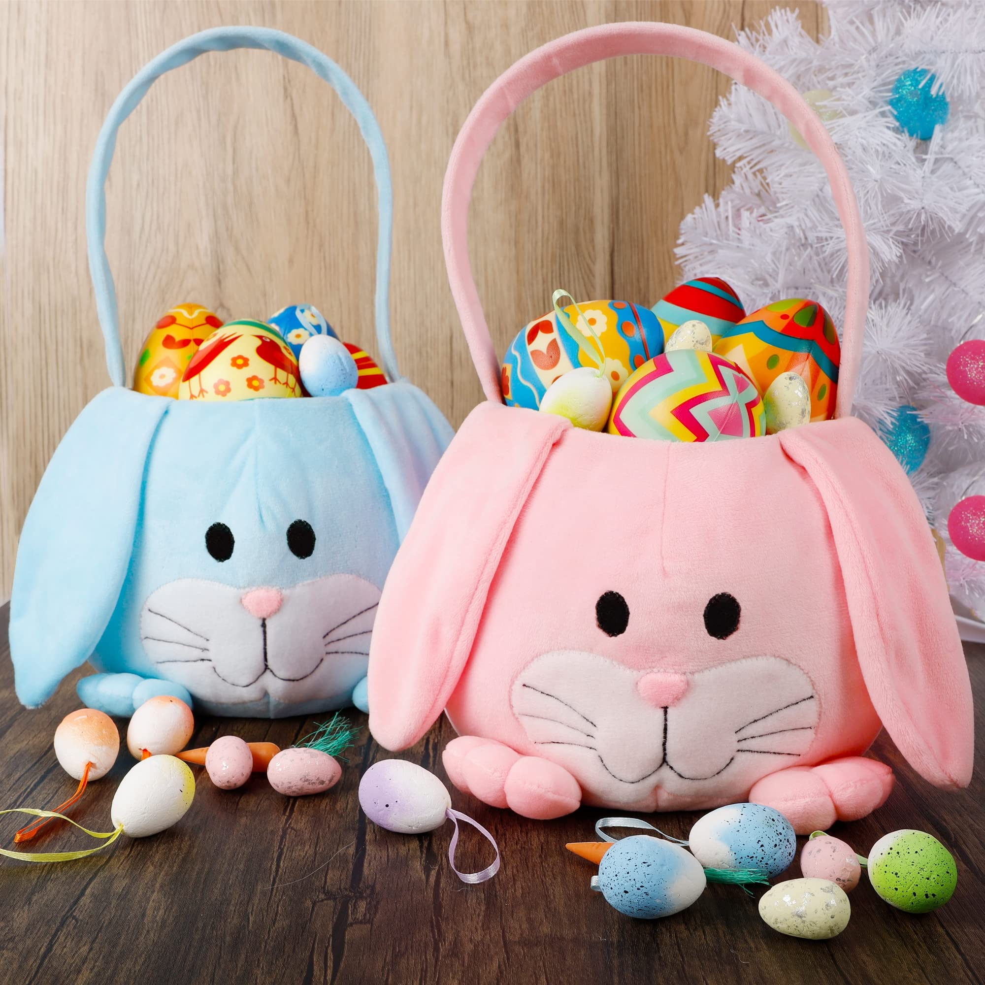 DR.DUDU 2 Packs Easter Bunny Plush Basket Set for Easter Eggs, Personalized Easter Baskets Bags for Kids, Perfect for Classroom Game Party (Pink, Blue)