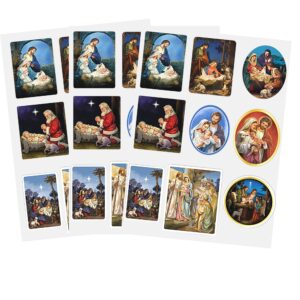 assorted holy family nativity manger scene sticker sheet pack, novelty christmas stickers for sunday schools, stocking stuffers, church giveaways, and more, 3 sheets included