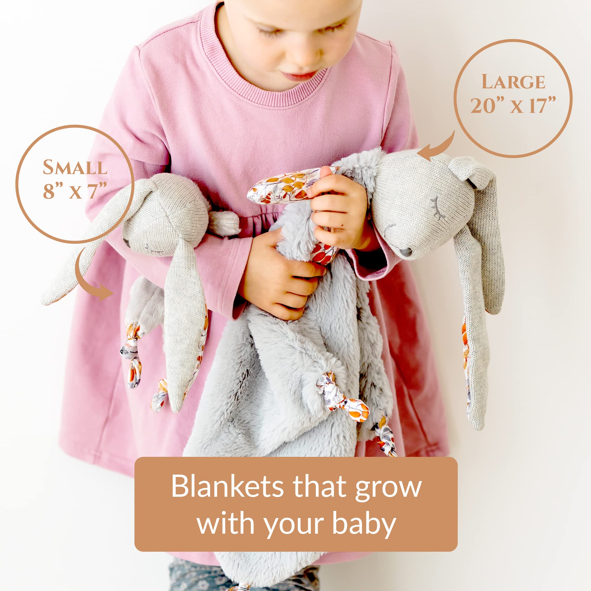 Yuppie Mommy Bonny & Bo Woodlands Bunny Handmade Lovey Security Blanket Gift Set of 2, Baby Boy or Girl — Soft Baby Blankets with Bunny Stuffed Animals with Pacifier Ties Lovies for Newborns or Babies