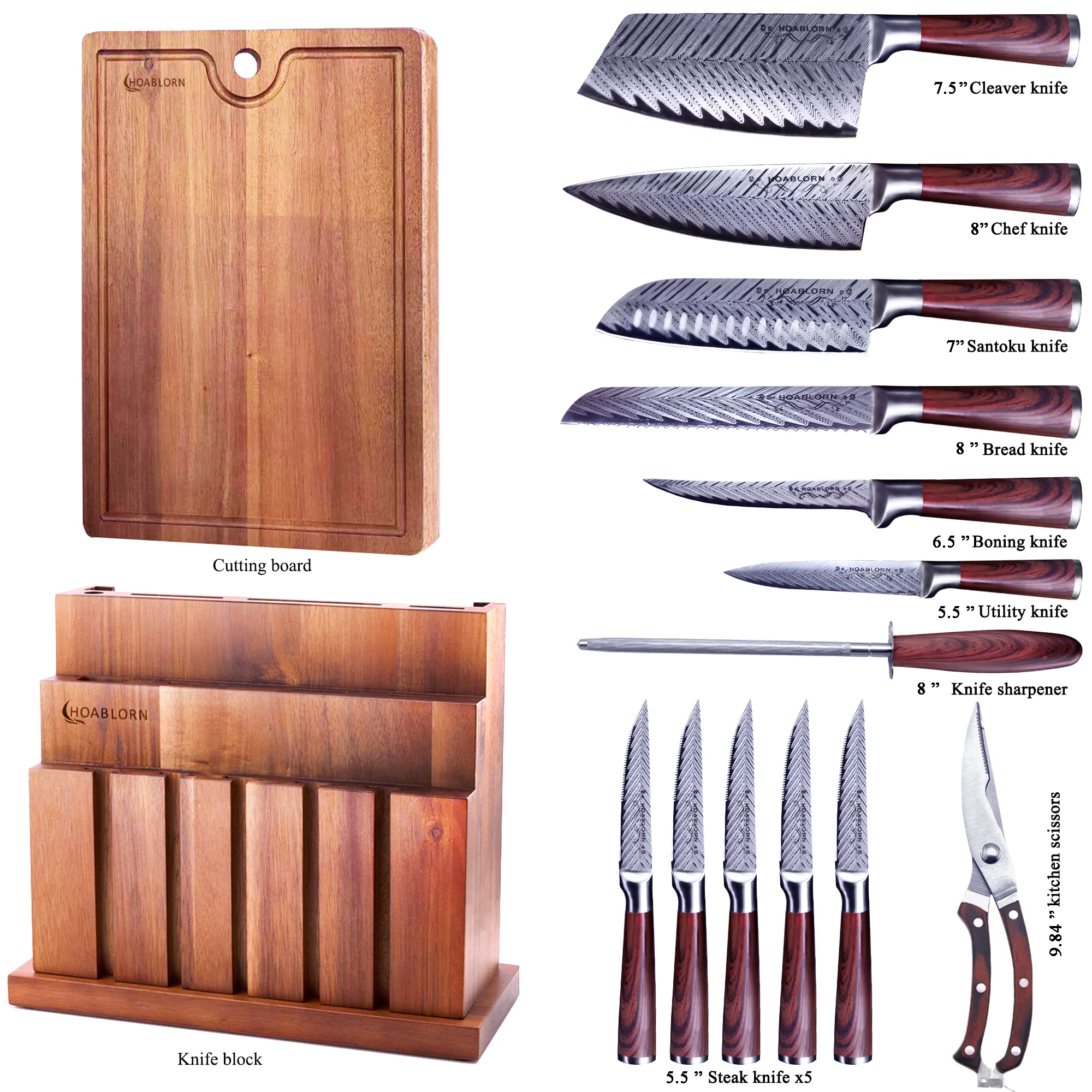 Knife Set With Block Created 20 pcs Block Knives Set HOABLORN Chef's Set: AK01, Extra Cutting Board in a Luxurious Knife Holder, Big Value and Elegant Kitchen Set for Wedding & Housewarming