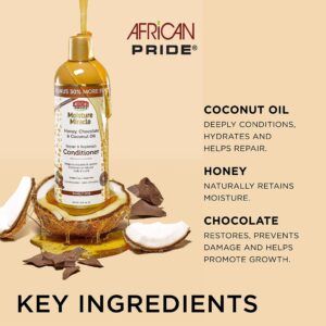 African Pride Ultimate Wash Day Regimen with Moisture Miracle Aloe & Coconut Water Pre-Shampoo, Honey & Coconut Oil Shampoo, Honey, Chocolate & Coconut Oil Conditioner & 5 Essential Oils