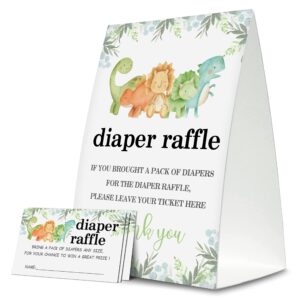 diaper raffle tickets for baby shower, safari themed jungle forest tropical animals cards, party favors for baby showers game cards, 1 sign & 50 cards per pack – (016-niaobu)