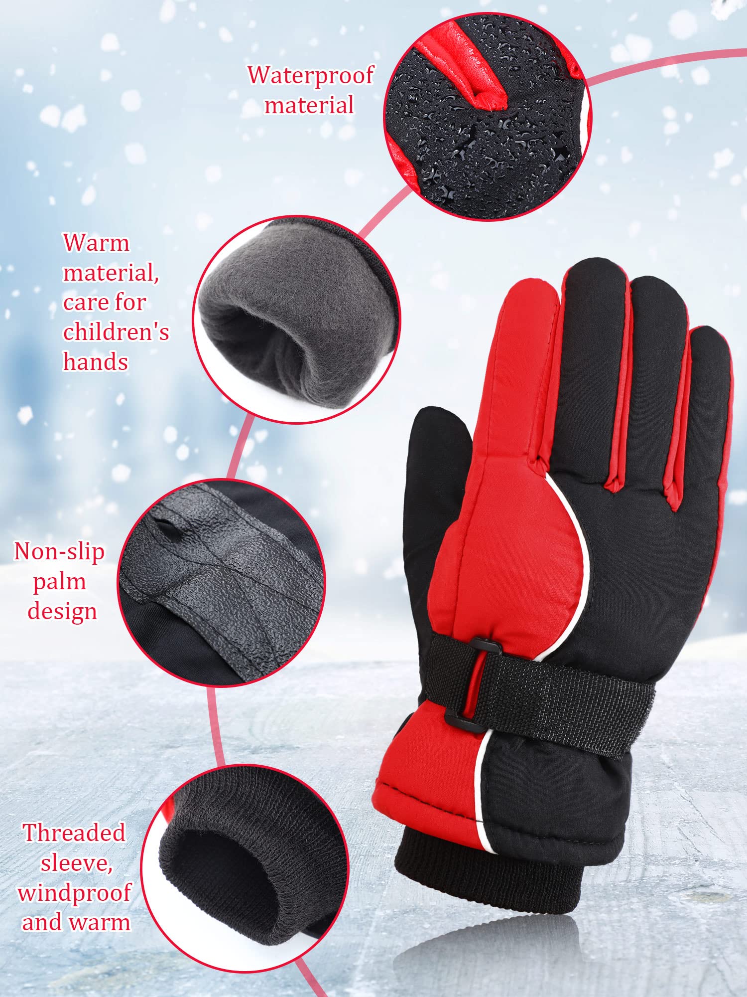 2 Pairs Kids Winter Ski Gloves, Waterproof Windproof Warm Gloves Cold Winter Gloves Unisex Warm Gloves for Boy Girl Skiing (Black, Red,4-6 Years)