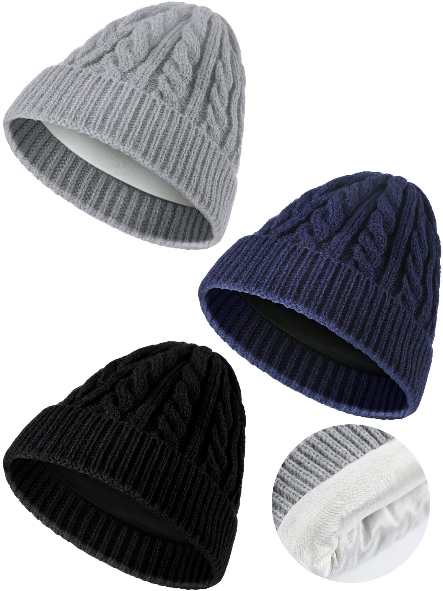 3 Pieces Kids Satin Lined Knit Beanies Winter Hat Child Warm Ski Skull Caps for Girls Boys Baby Toddlers 3-12 Years (Black, Navy Blue, Light Gray,Simple Style)