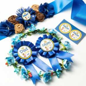 Royal Prince baby boy Maternity Sash Mom to Be & Dad to Be Corsage Blue Clementine Flower Crown Pregnancy Sash Decoration African American Prince Baby Shower Kit Party Photo Prop Gift