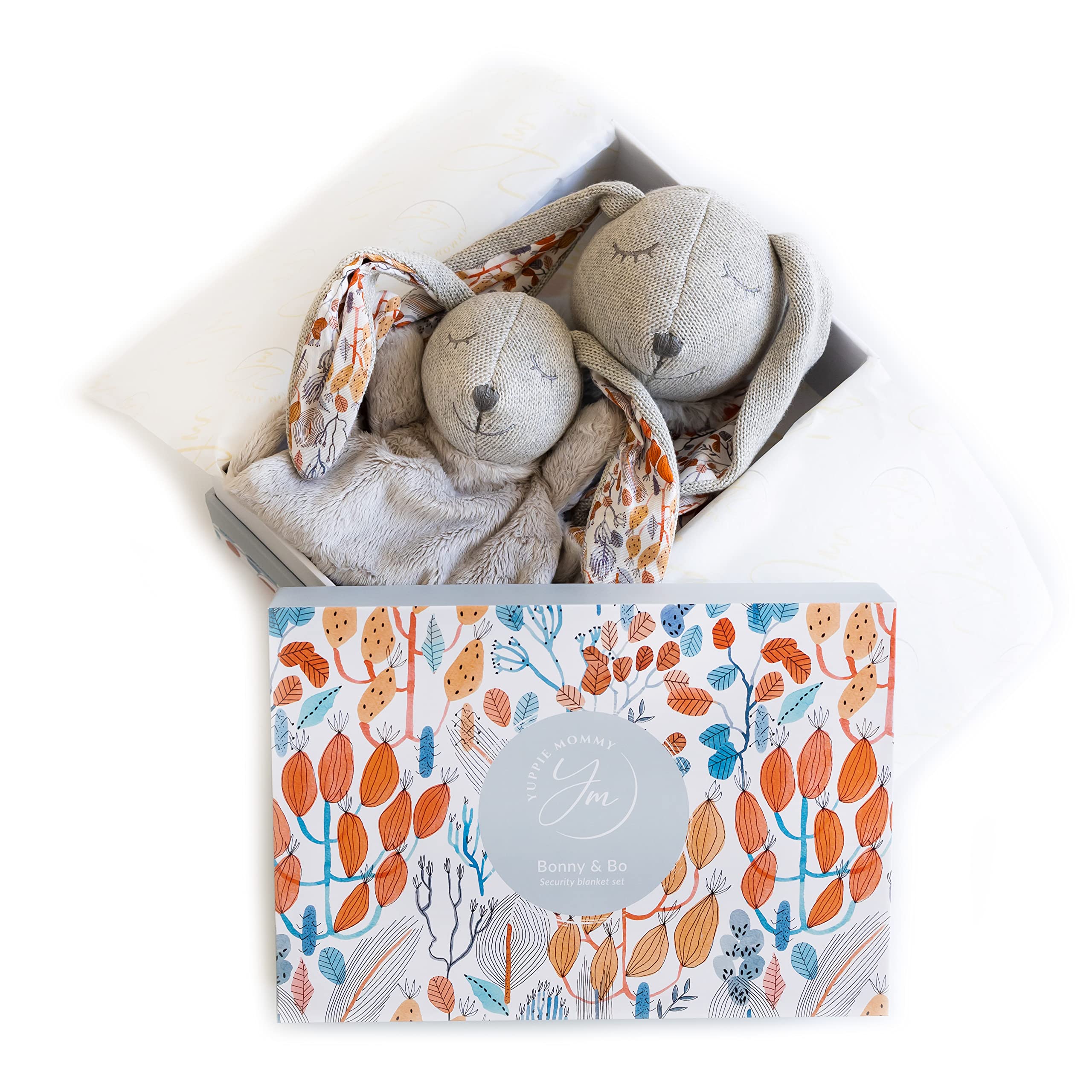 Yuppie Mommy Bonny & Bo Woodlands Bunny Handmade Lovey Security Blanket Gift Set of 2, Baby Boy or Girl — Soft Baby Blankets with Bunny Stuffed Animals with Pacifier Ties Lovies for Newborns or Babies